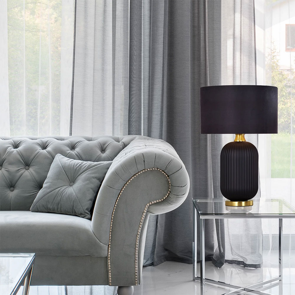 Interior Drum Shade Ceramic Base Table Lamp Black - LUSSO-T2