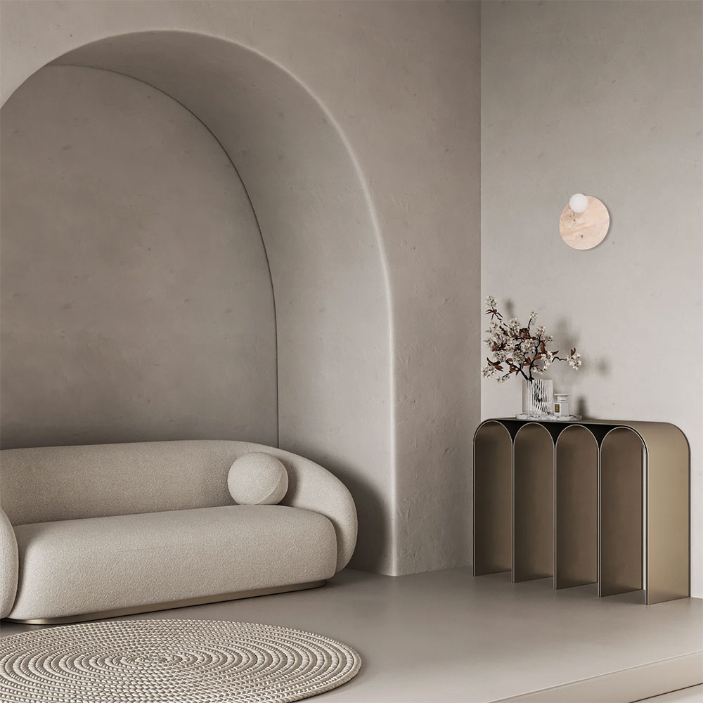 Interior Round Travertine Base With Beige Finish & Round Opal Diffuser ...